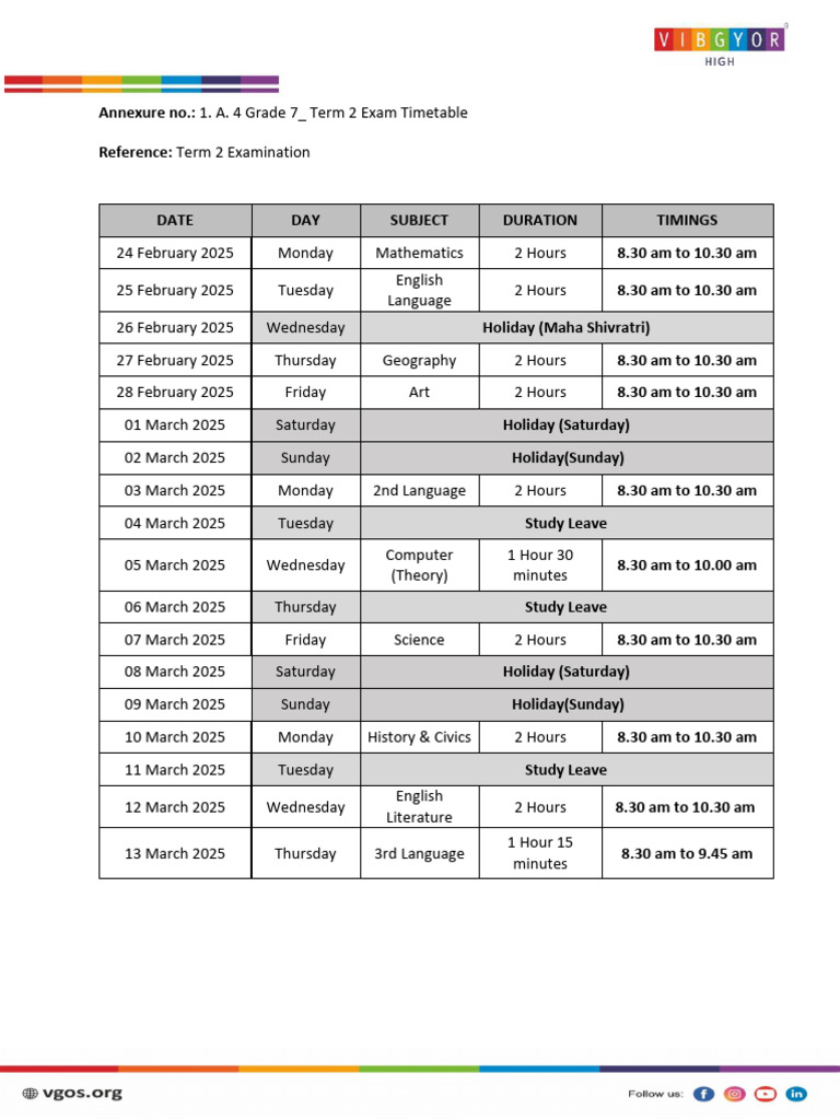 Grade 7 Term 2 Exam Timetable 2025 | PDF
