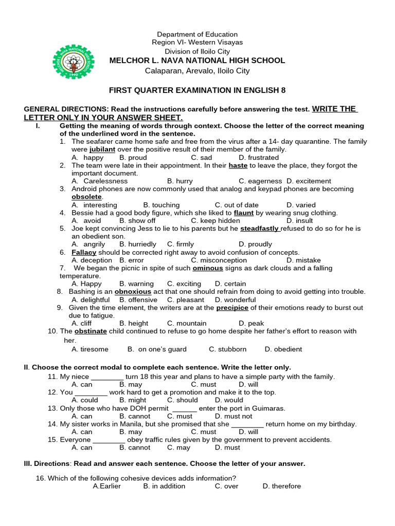 First Quarter Exam in English 8 | PDF