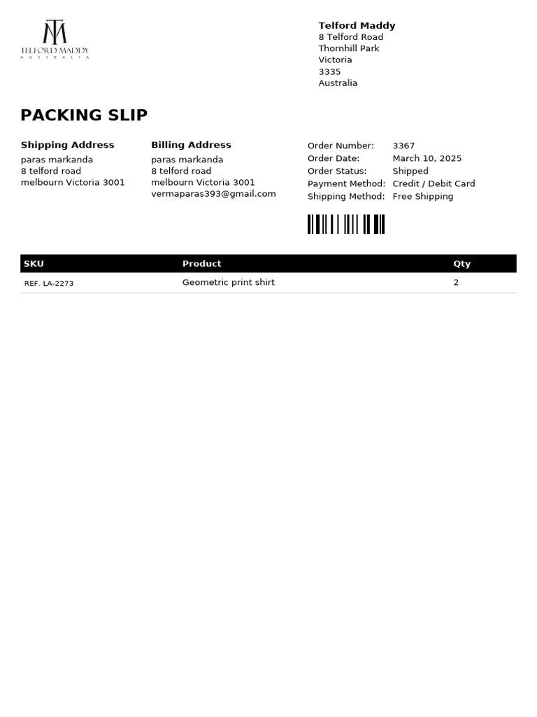 Order #3367 Packing Slip | PDF