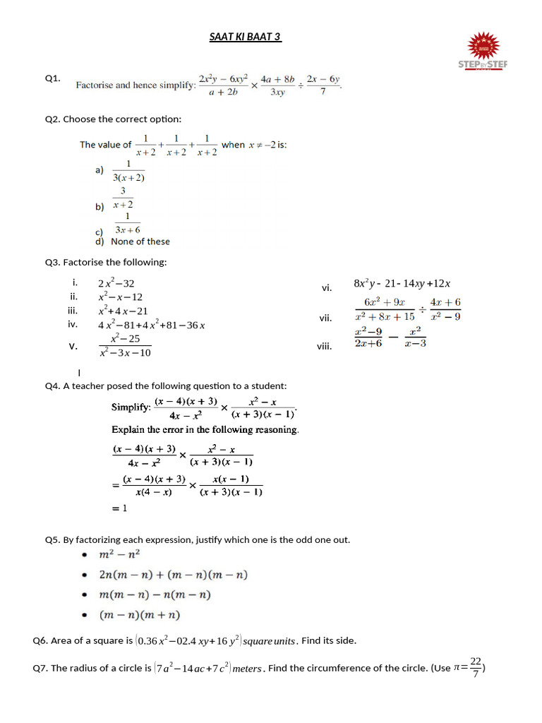 2024-25 Term 2 Saat Ki Baat 3 (Factorization) | PDF