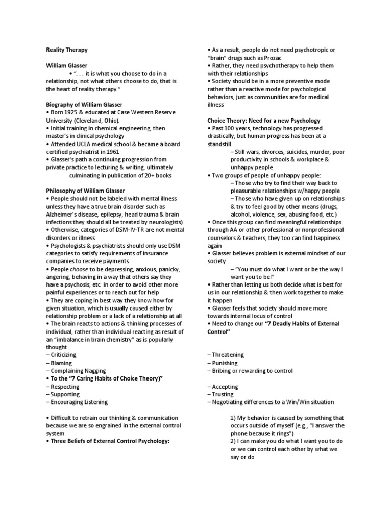 Reality Therapy William Glasser | PDF | Psychotherapy | Applied Psychology