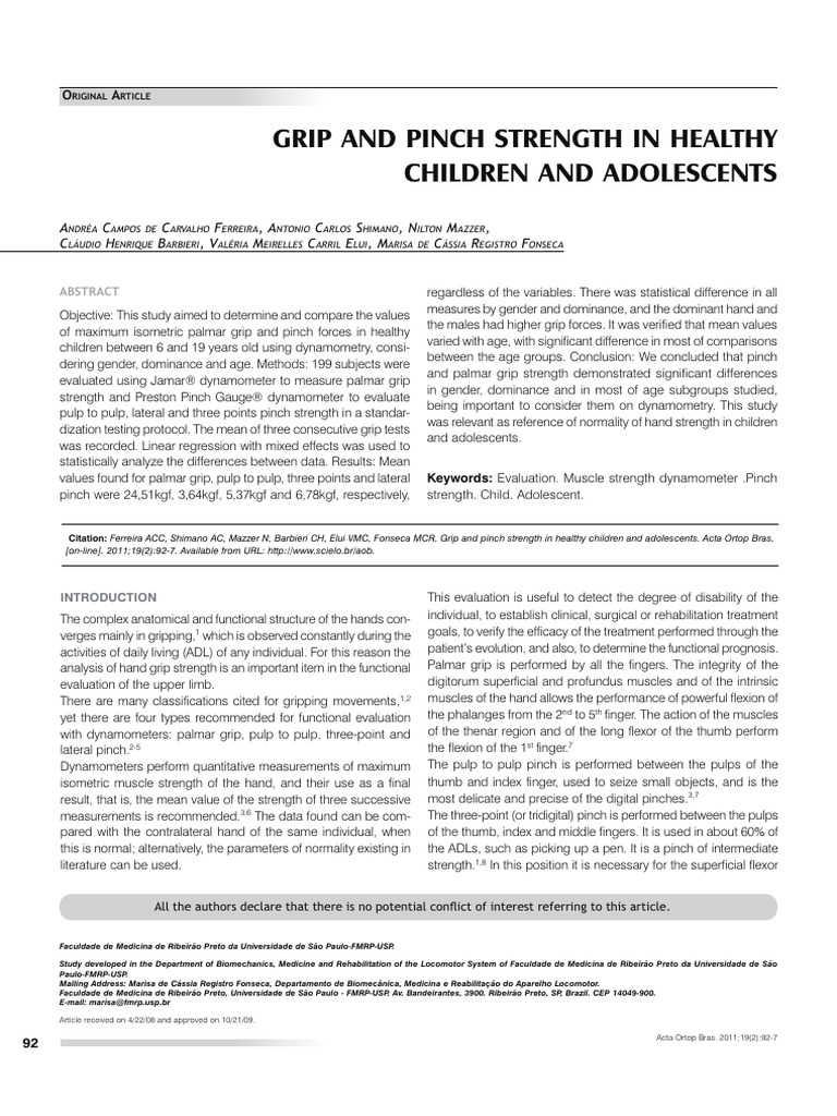 Grip and Pinch Strength in Healthy | PDF | Hand | Finger