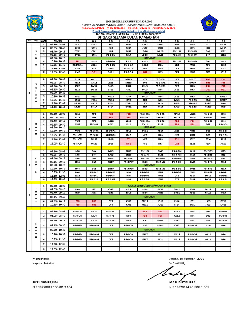Jadwal Pembelajaran 2024/2025 SMA | PDF