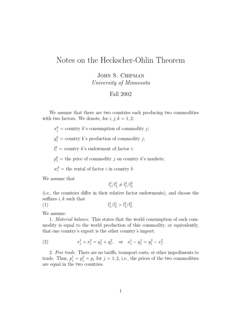 Notes On The Heckscher-Ohlin Theorem - John S. Chipman | PDF | Function ...