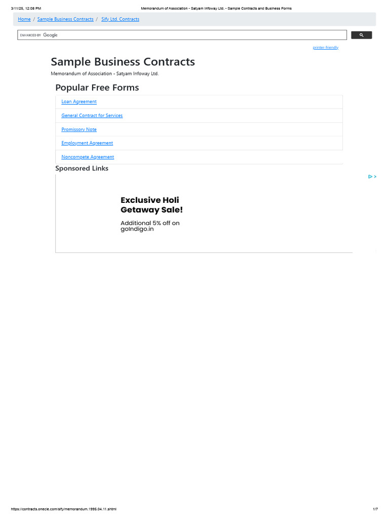 Memorandum of Association - Satyam Infoway Ltd. - Sample Contracts and ...