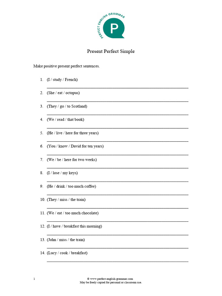 Present Perfect Simple Exercises | PDF | Drink