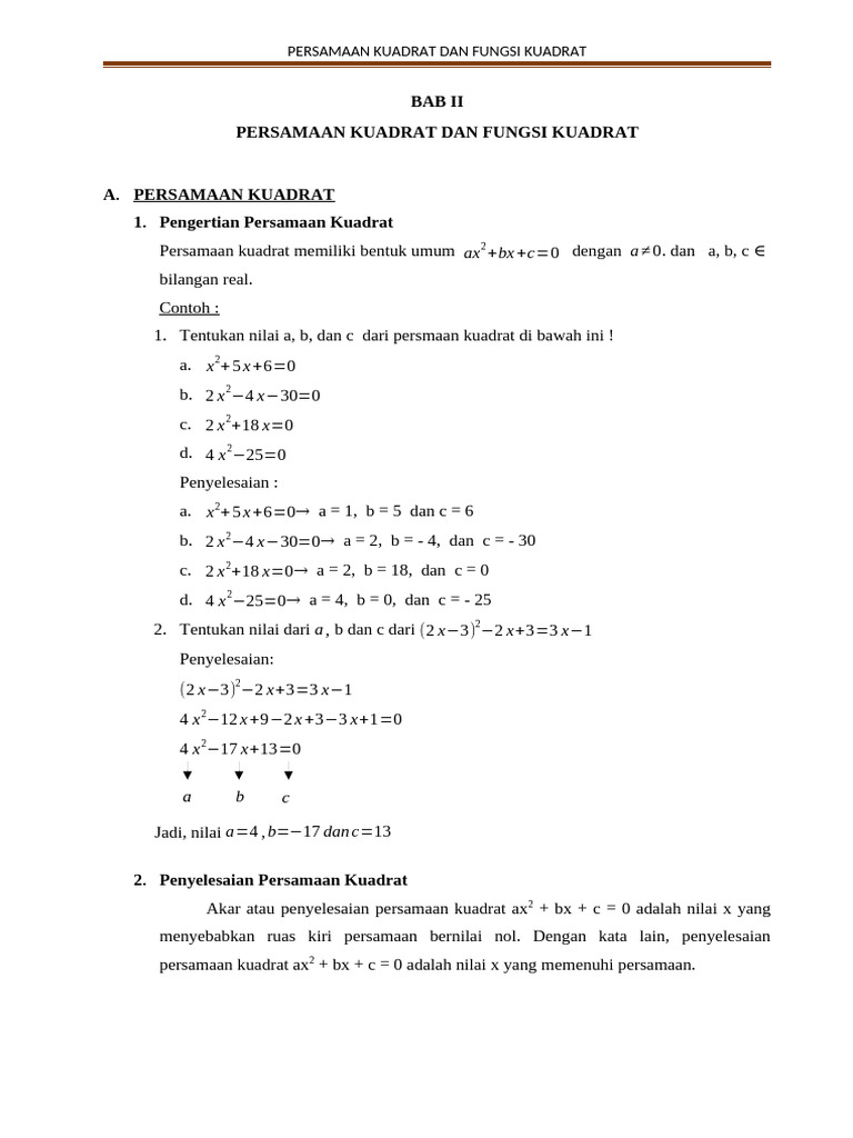 BAB II PERSAMAAN KUADRAT DAN FUNGSI KUADRAT | PDF