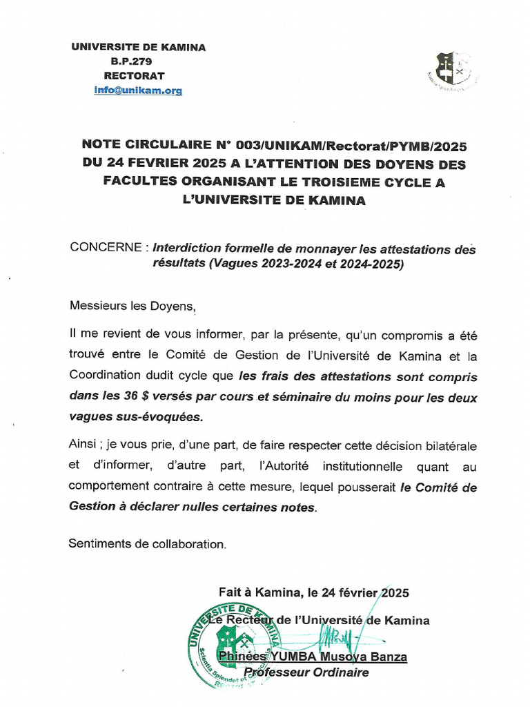 Note Circulaire Rectorat Unikam | PDF