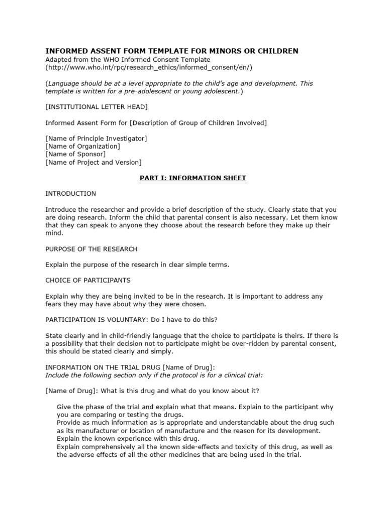 13.informed Assent Form Template For Minors or Children 1 | PDF ...