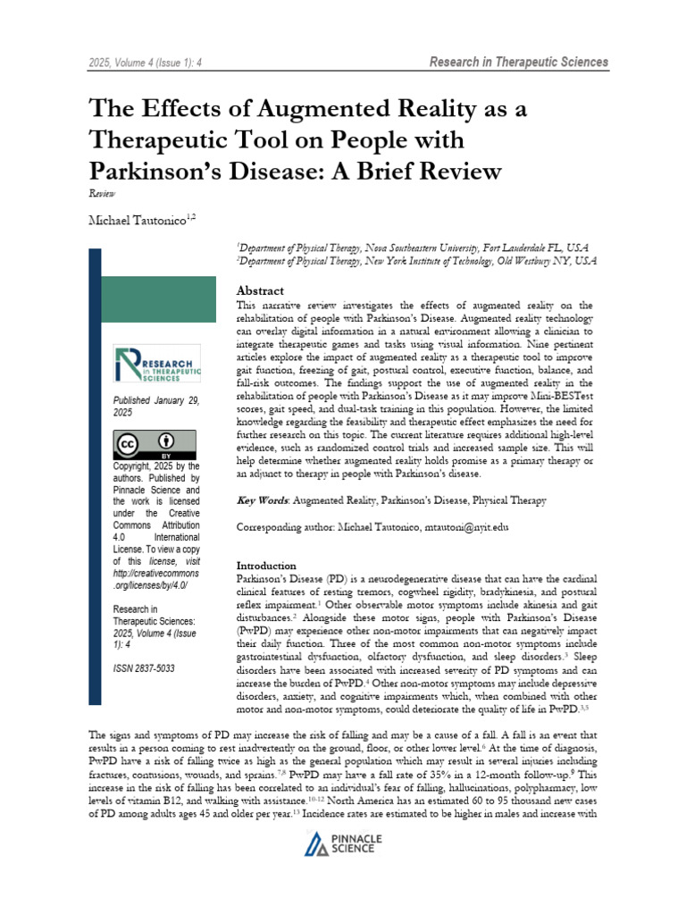 The Effects of Augmented Reality As A Therapeutic Tool On People With Parkinson's Disease A ...
