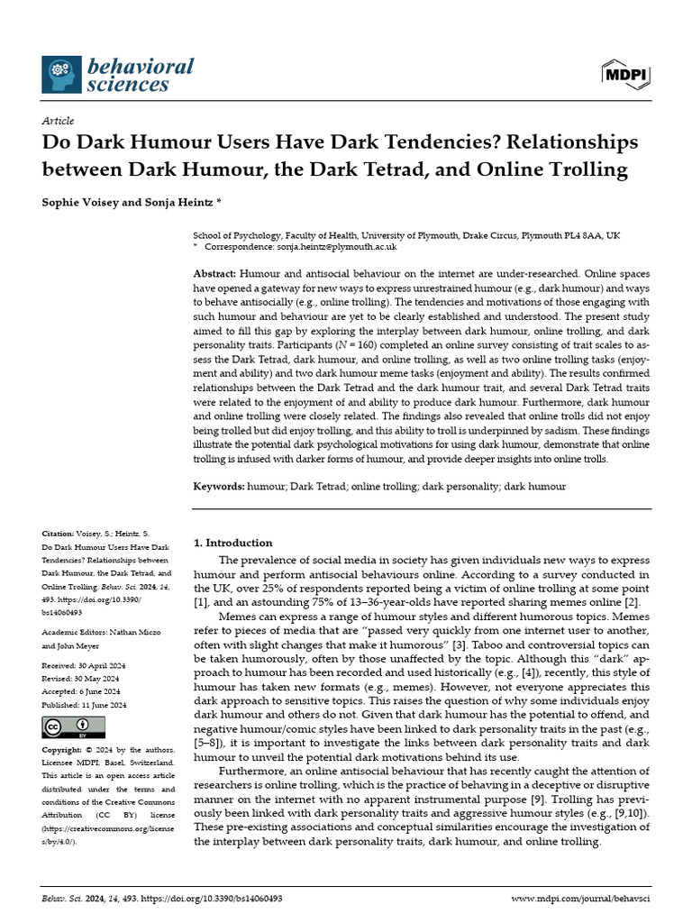 Do Dark Humour Users Have Dark Tendencies Relation | PDF | Dark Triad ...