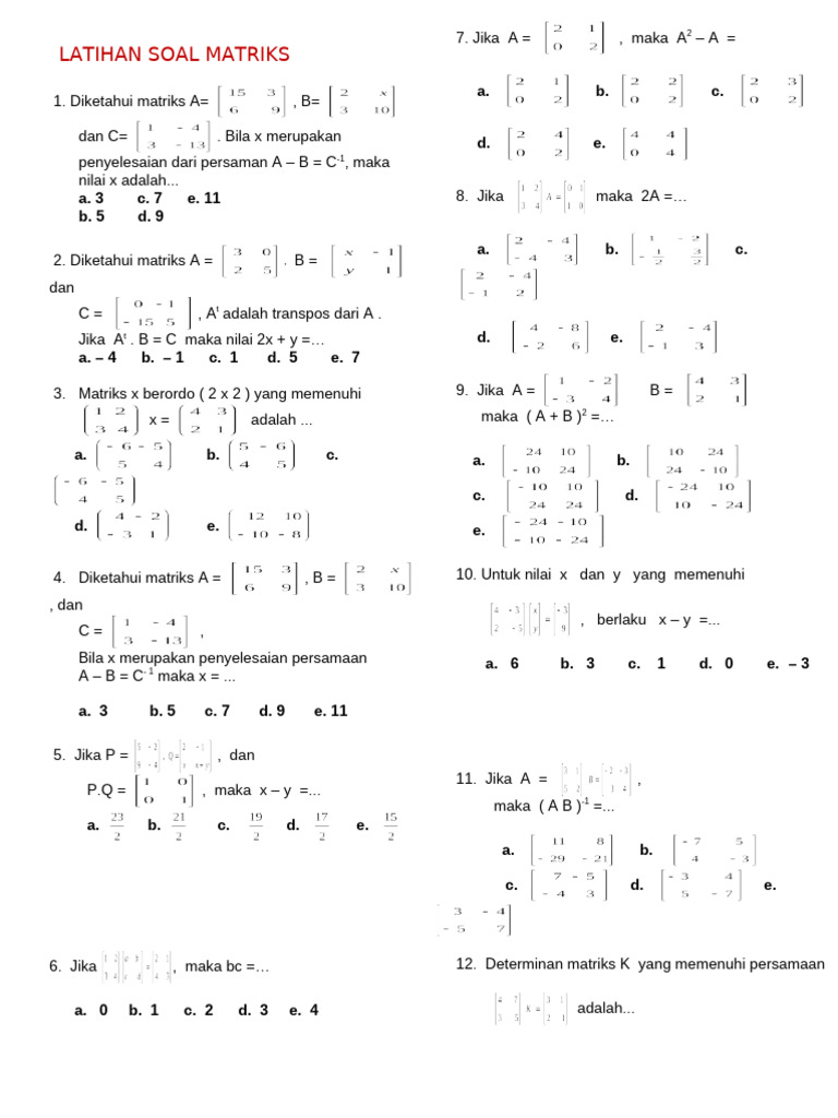 LATIHAN SOAL MATRIKS MATW XI | PDF