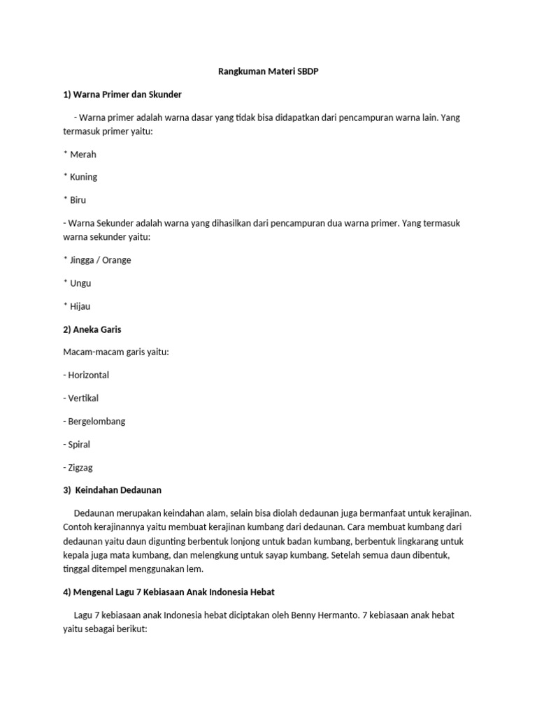 Rangkuman Materi SBDP Kelas 1 | PDF
