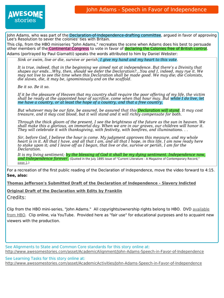 John Adams - Speech in Favor of Independence | PDF | John Adams ...