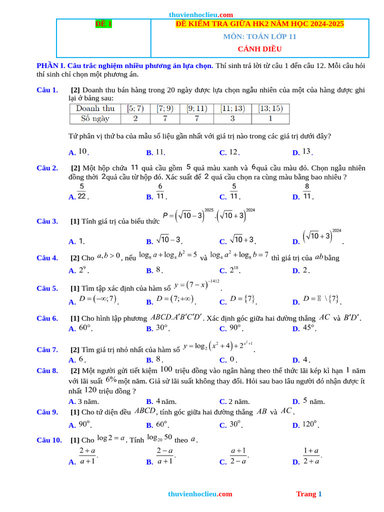 Bo 10 de Kiem Tra Giua HK2 Toan 11 Canh Dieu CTM 24 25 | PDF