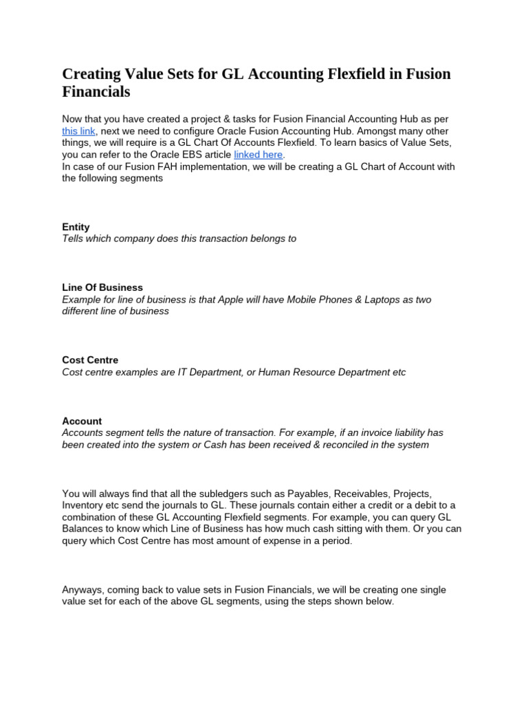 GL Accounting Flexfield Value Sets Setup | PDF