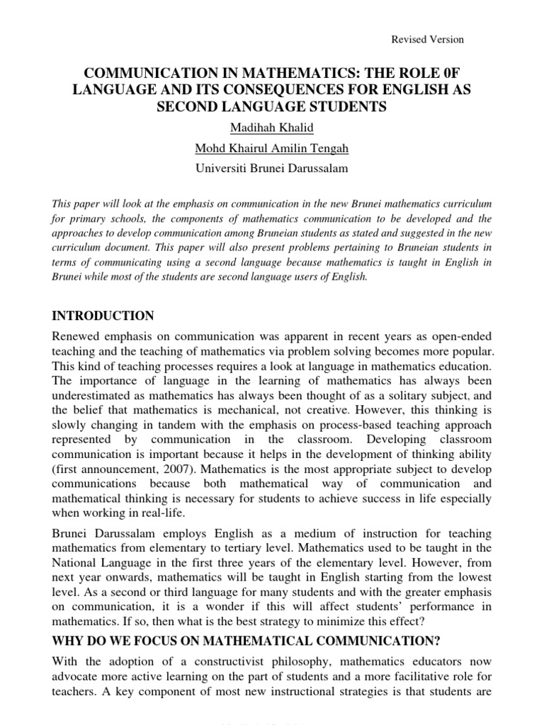 Communication in Mathematics: The Role 0F Language and Its Consequences ...
