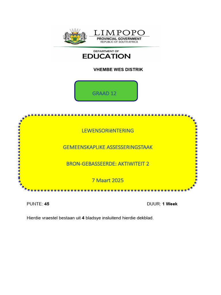 Lewensoriëntering Graad 12 2025 Taak 1 Aktiwiteit 2 QP Final | PDF