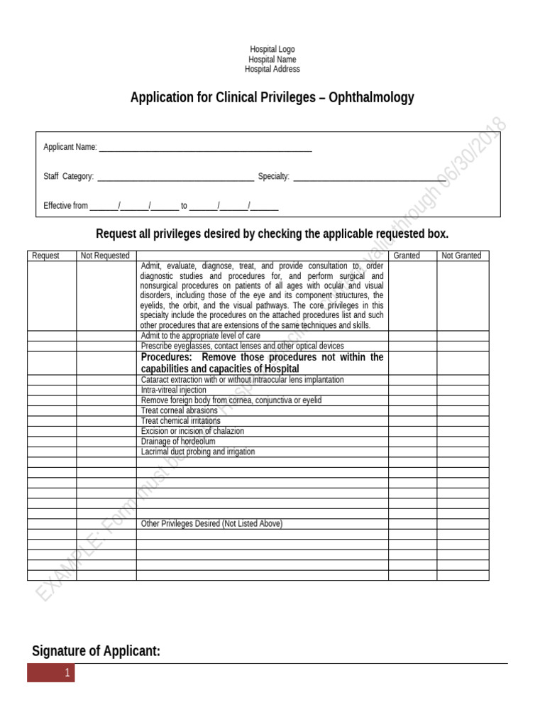 Ophthalmology Clinical Privileges Form | PDF | Ophthalmology | Cornea