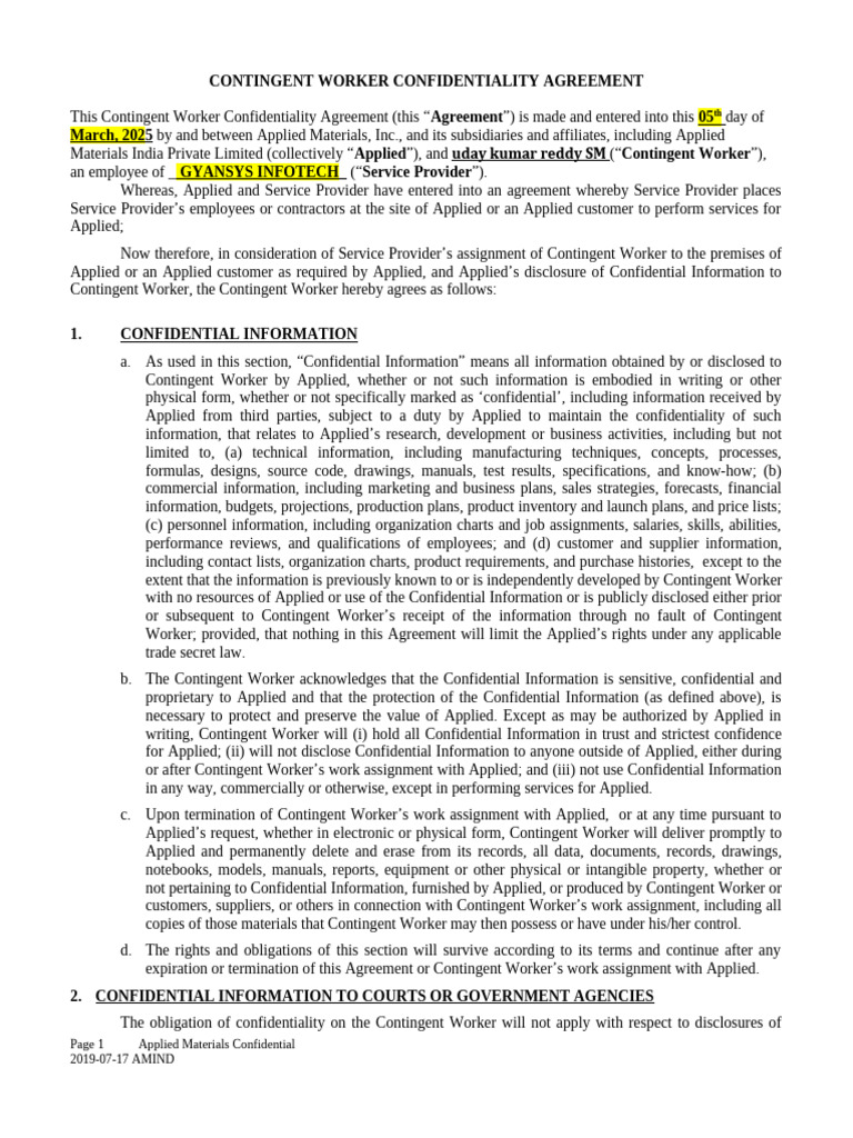 Sample - AMIND-Contingent Worker Agreement 7 | PDF | Patent ...