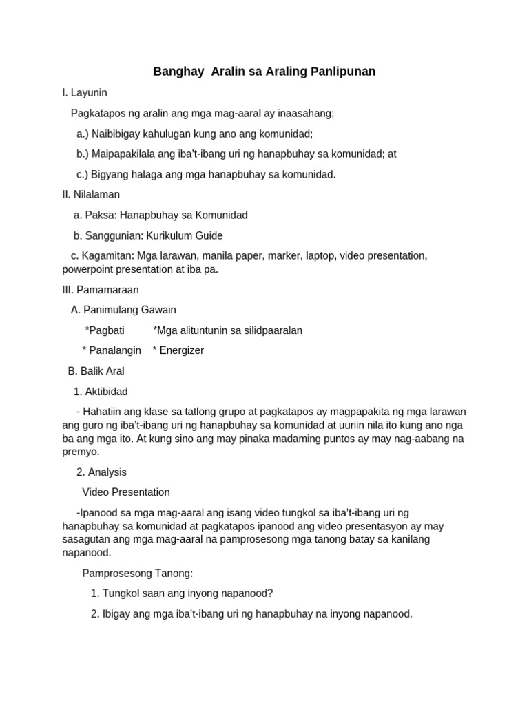 Banghay Sa Araling Panlipunan Lesson Plan Semi DetailedAP | PDF