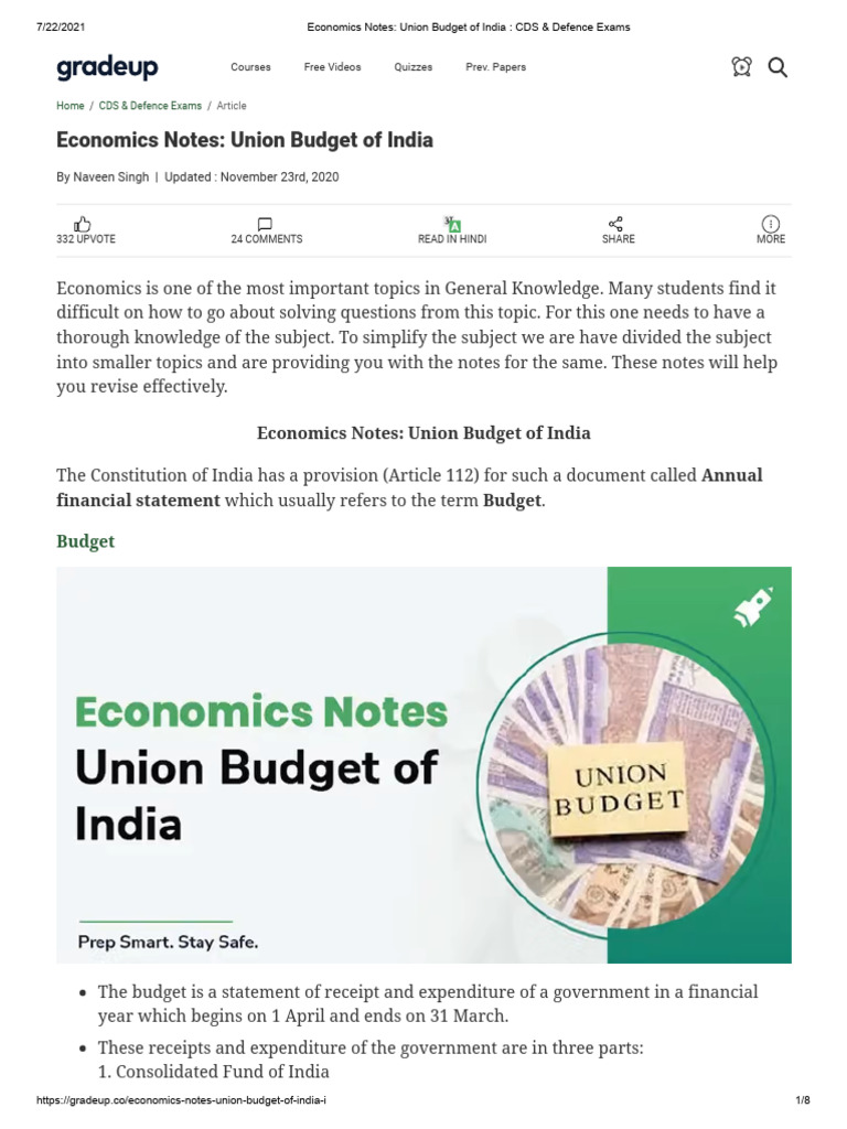 Economics Notes - Union Budget of India - CDS & Defence Exams | PDF ...