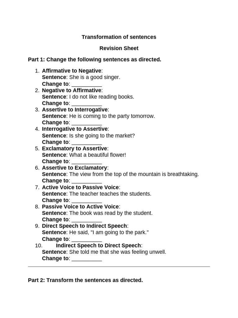 1740633815092.transformation of Sentences | PDF | Question | Linguistics