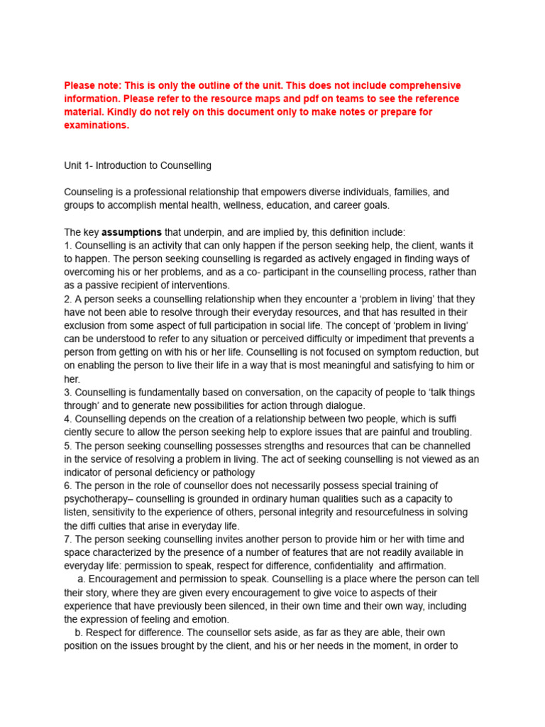 Unit 1 - Introduction To Counselling | PDF | Psychotherapy | Counseling ...