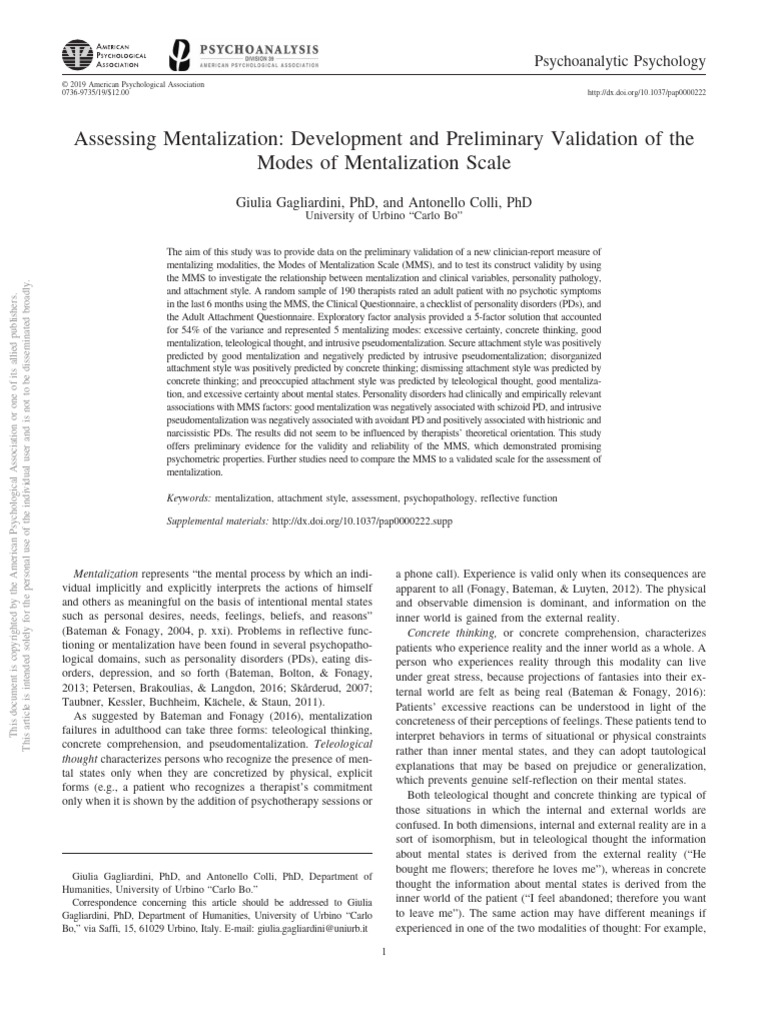 Modes of Mentalization Scale | PDF | Diagnostic And Statistical Manual ...