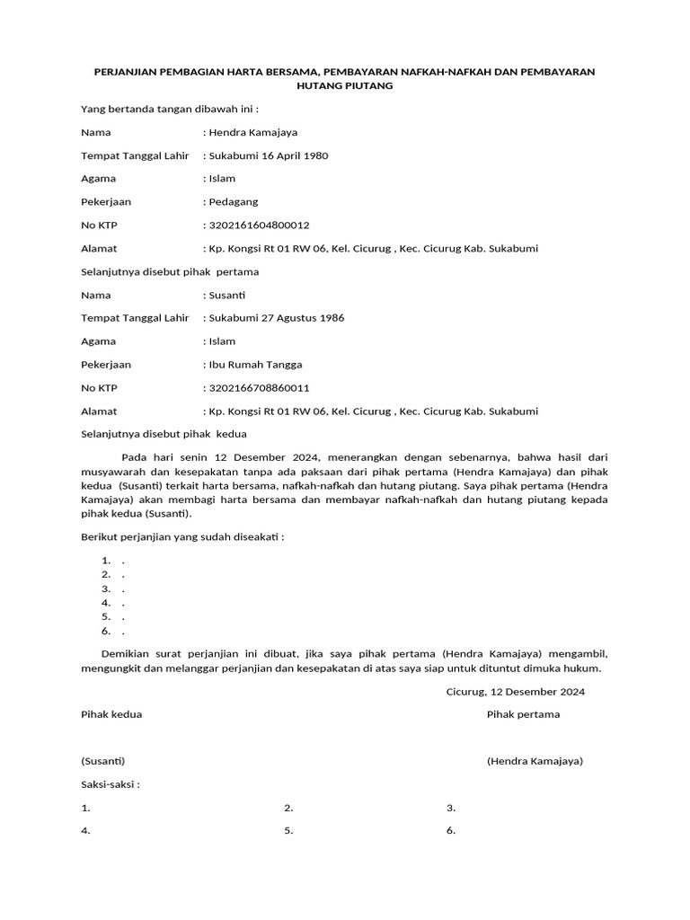 Perjanjian Pembagian Harta Bersama | PDF