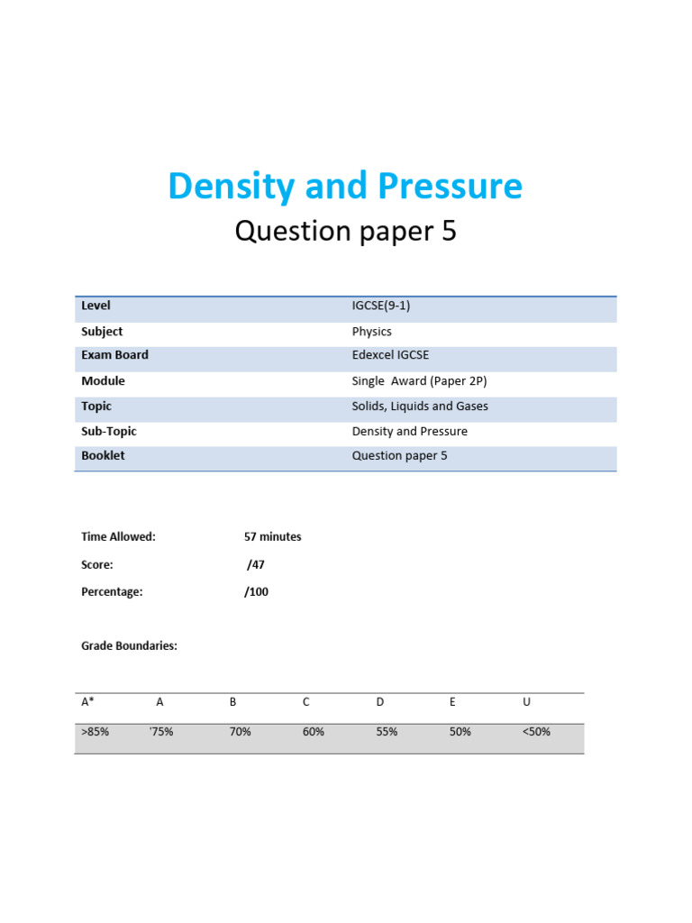 17.5 - Density and Pressure 2p - Edexcel Igcse Physics QP | PDF | Pressure | Gases