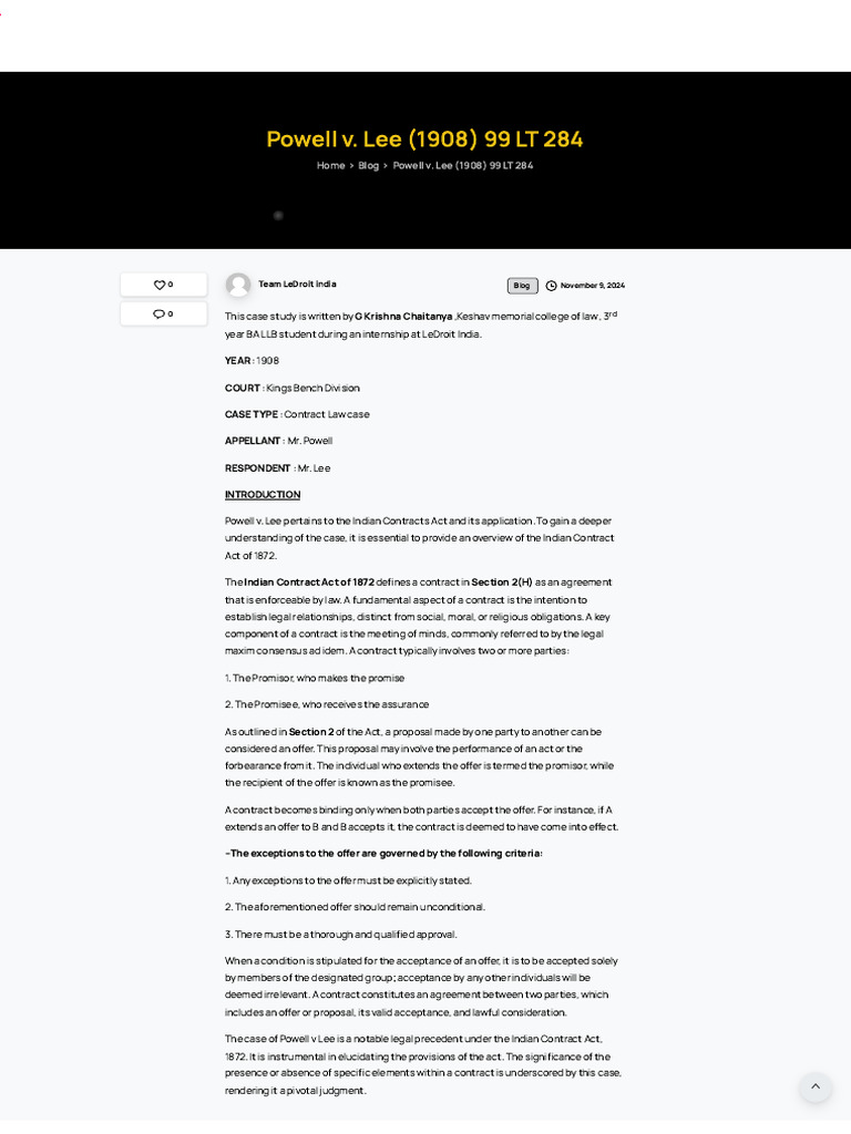Powell v. Lee (1908) Case Summary | PDF | Offer And Acceptance ...