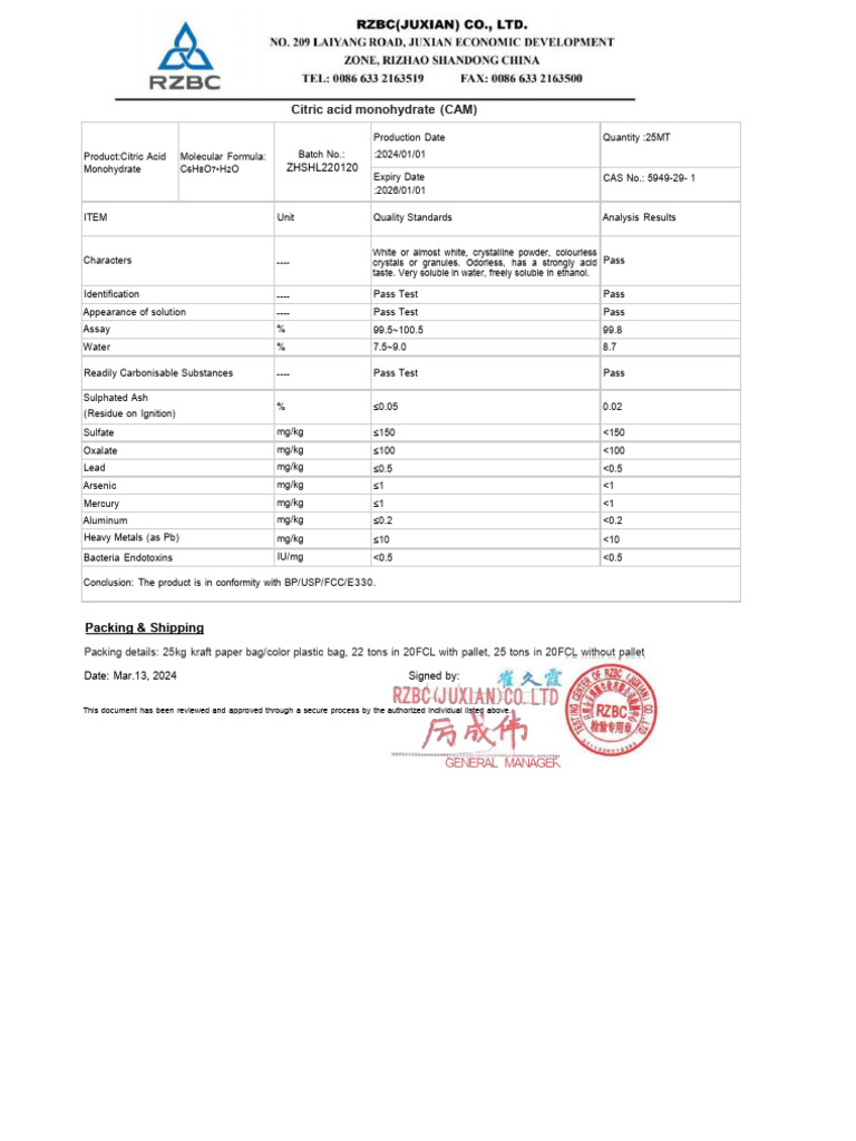 CoA RZBC Citric Acid Mono | PDF | Chemistry | Chemical Compounds
