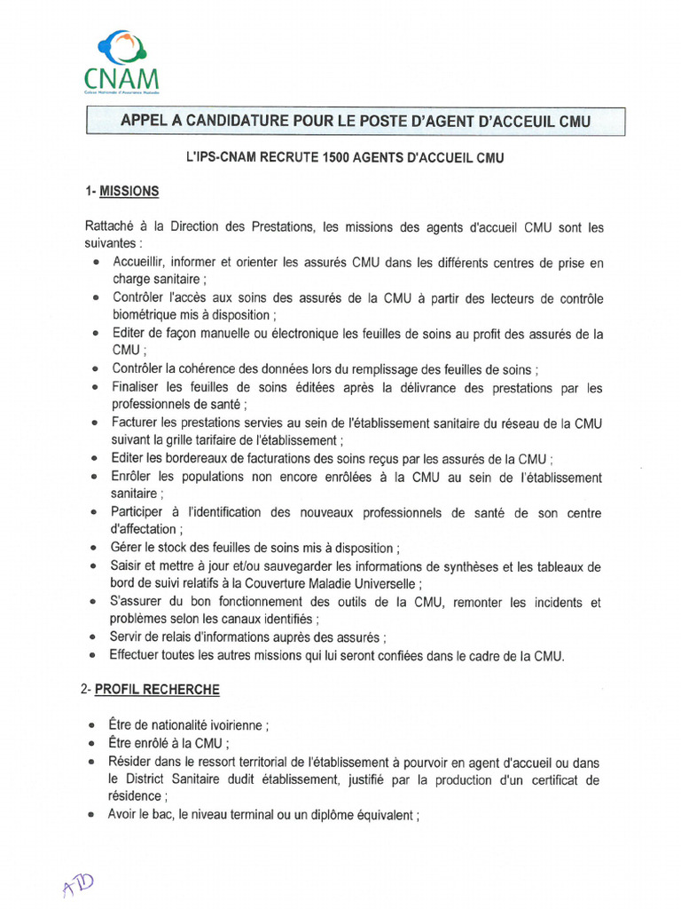 Appel a Candidature Pour Le Poste d'Agent d'Accueil Cmu-1 | PDF