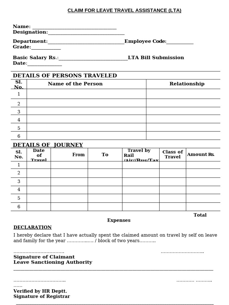 Claim for Leave Travel Assistance (LTA) Form | PDF