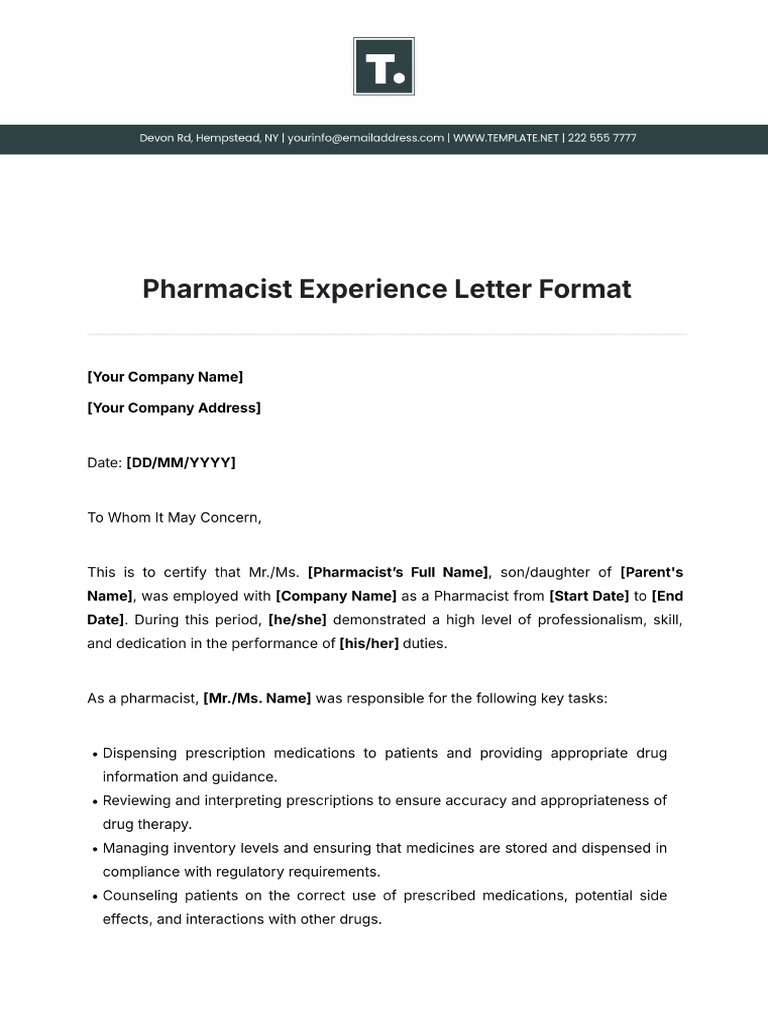Pharmacist Experience Letter Format Template | PDF