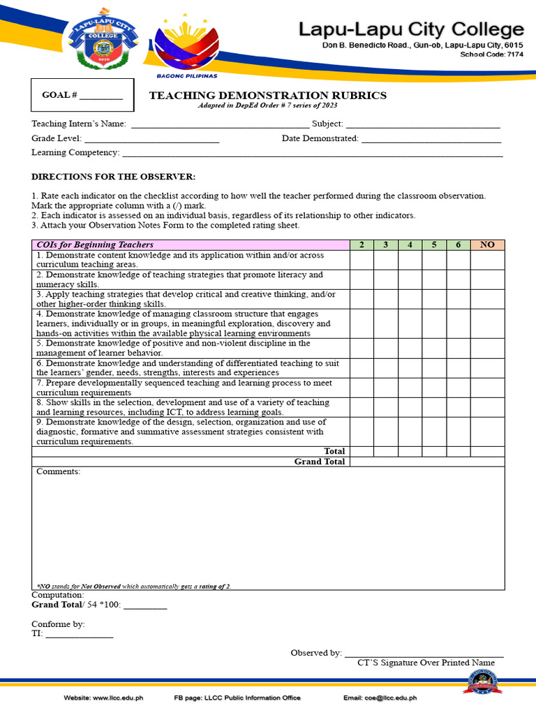 2.1 Internship Teaching Demonstration Rubrics | PDF | Learning | Teachers