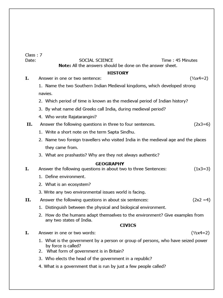 Class7 Social Science Social Science Previous Year Question Paper 5 | PDF