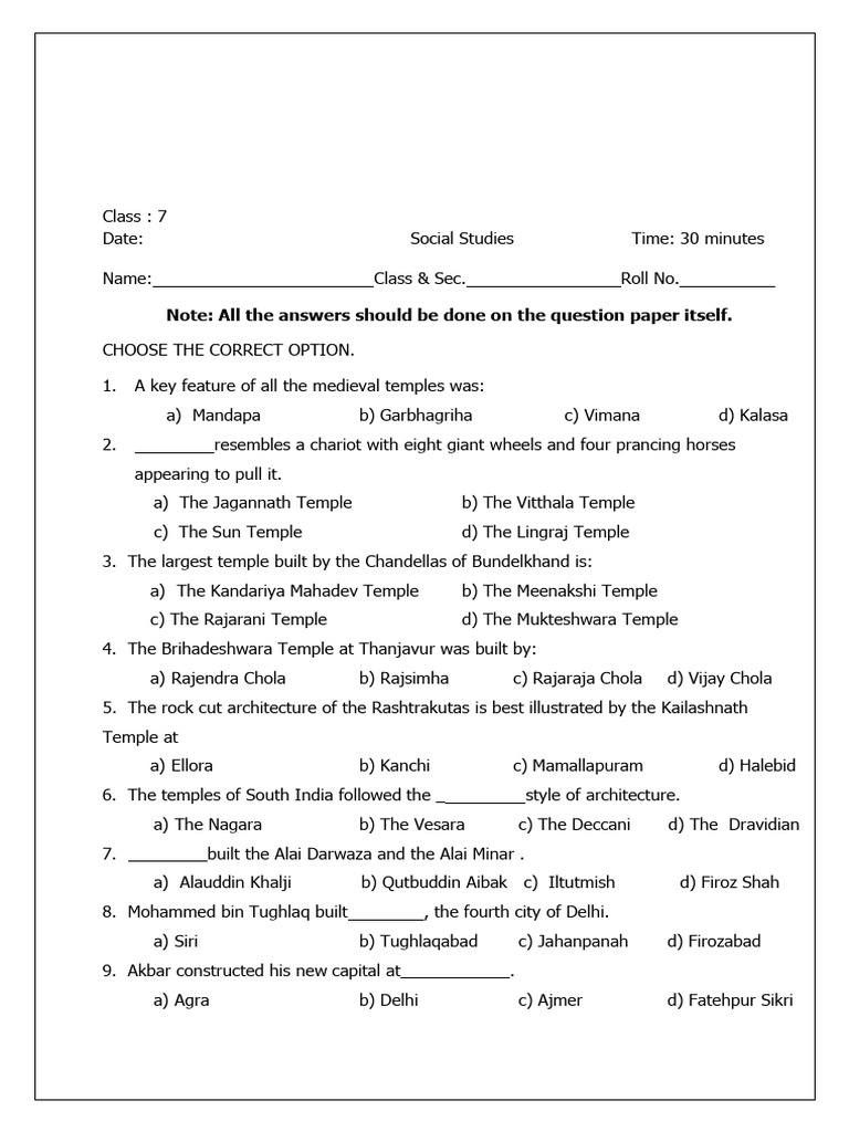 Class7 Social Science Social Science Previous Year Question Paper 2 ...