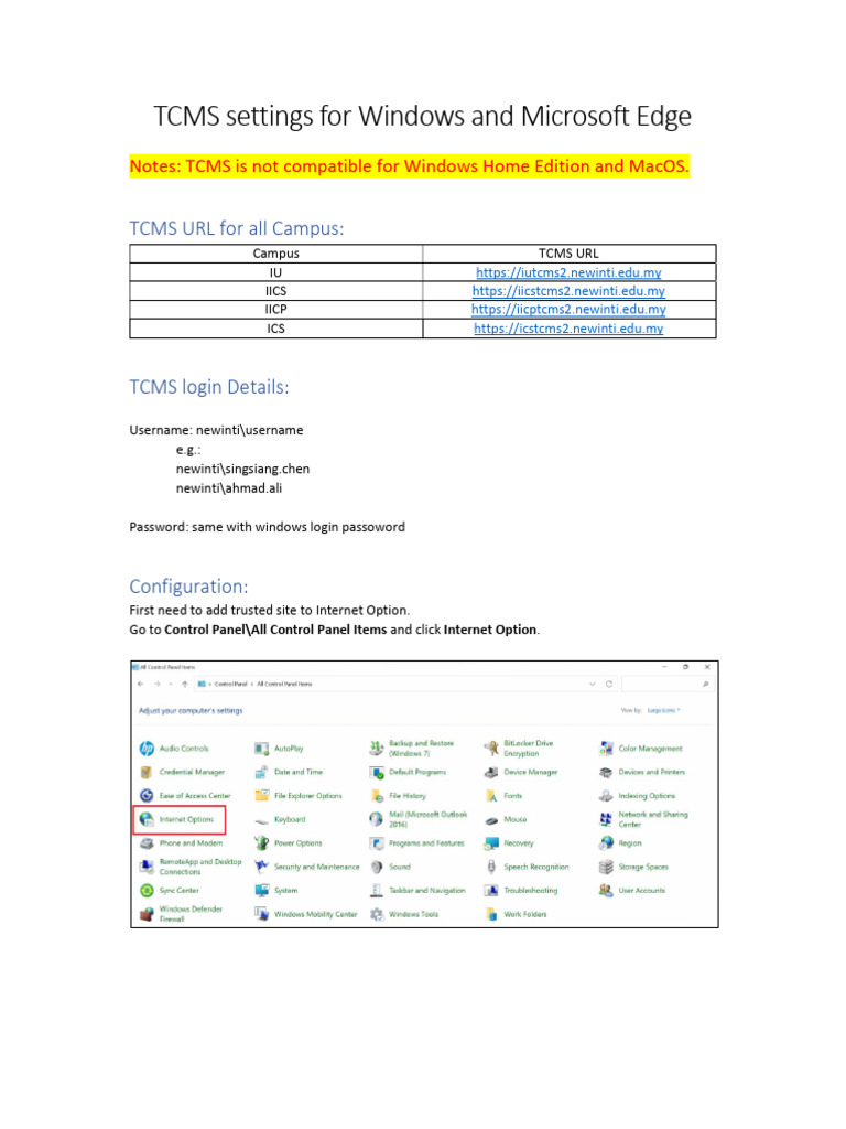 TCMS Settings in Windows and Microsoft Edge (All Campus) | PDF