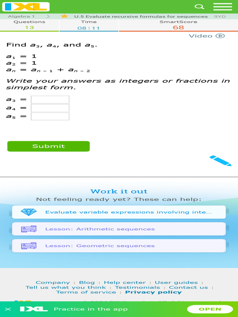 Ixl Evaluate Recursive Formulas For Sequences Algebra 1 Practice 2 Pdf