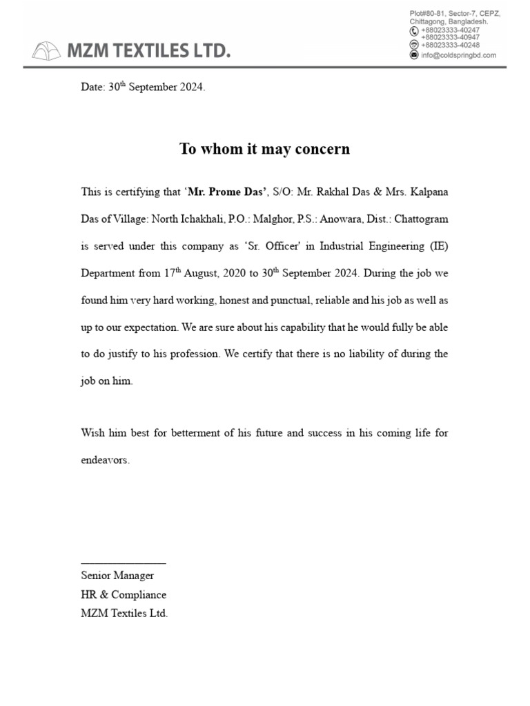 Employment Certification for Mr. Prome Das | PDF