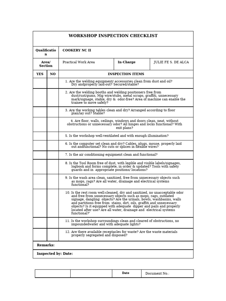 WORKSHOP INSPECTION CHECKLIST | PDF | Manufactured Goods