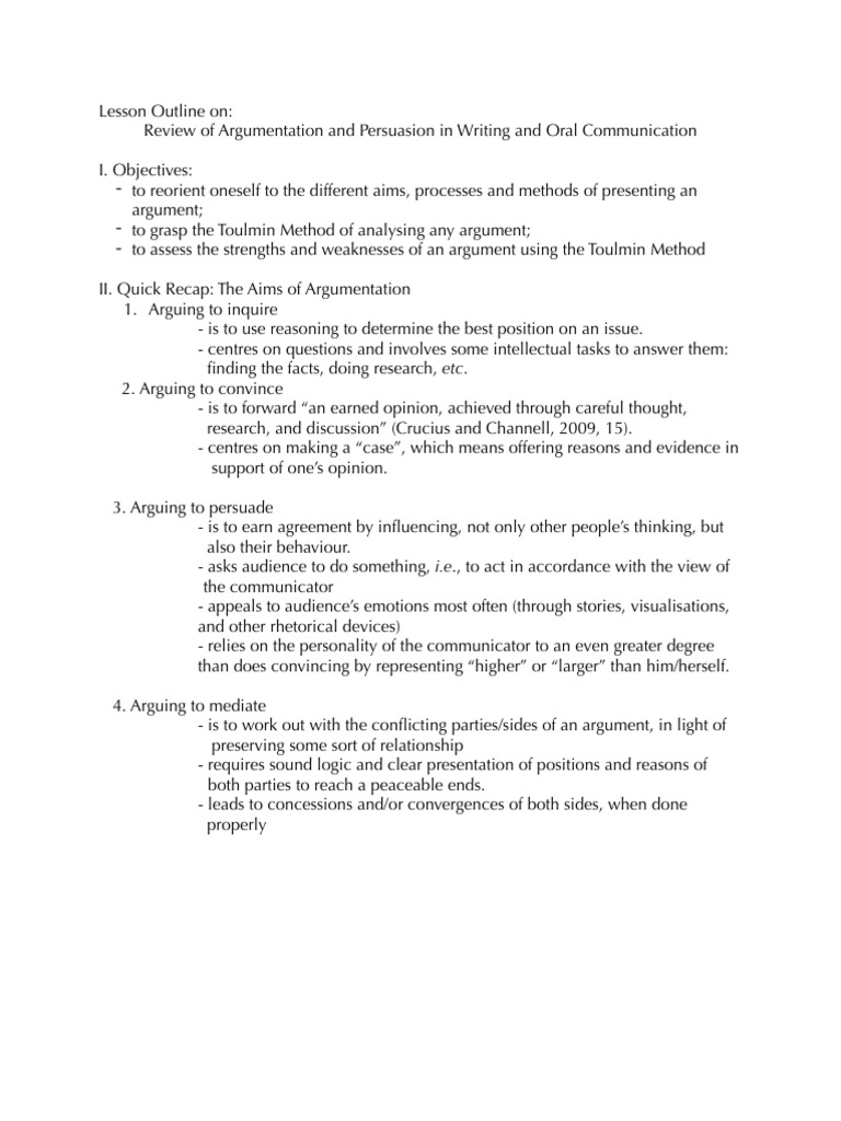 Lesson Outline on Review of Argumentation and Persuasion in Writing and ...