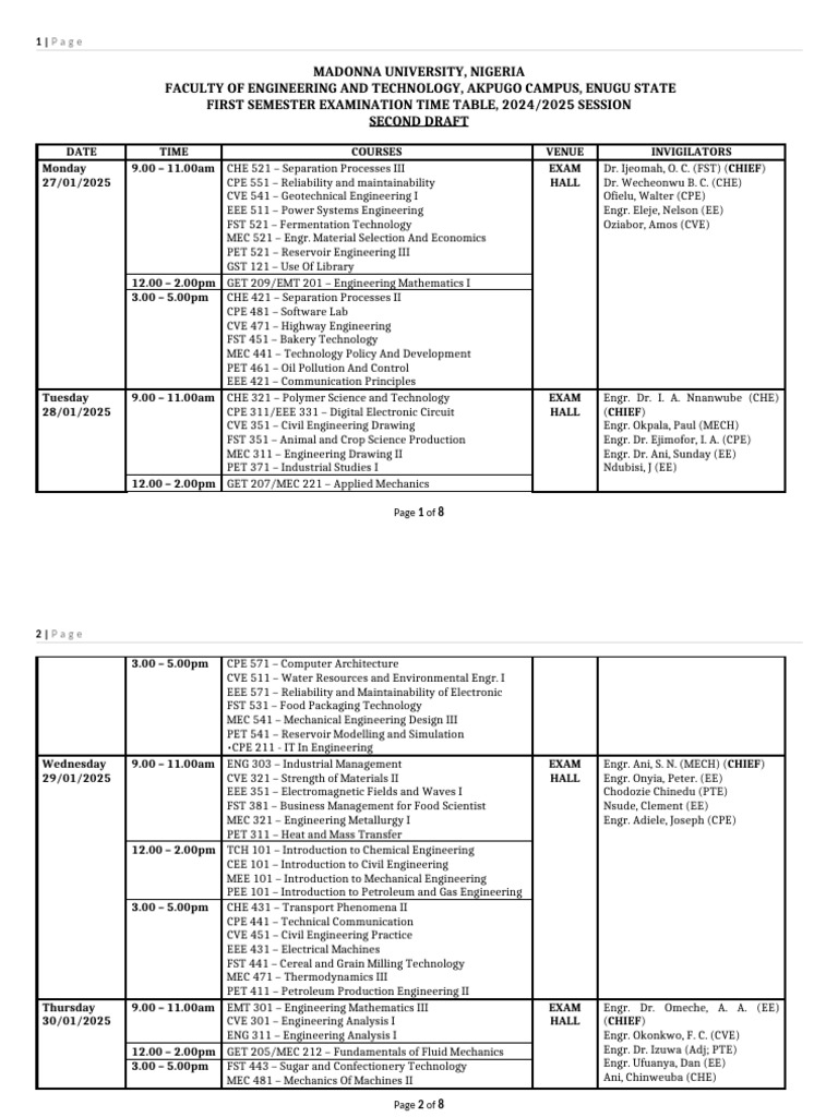 2024 2025 First Semester Exams Time Table | PDF | Engineering | Electrical Engineering