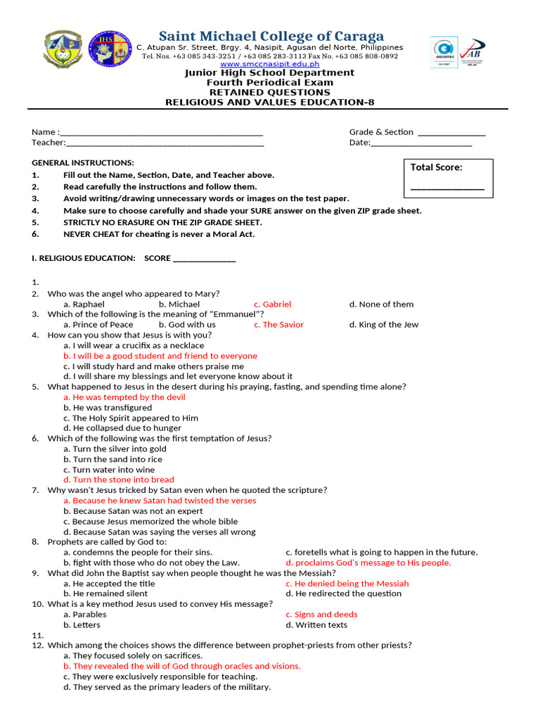 ReEd & ValEd 8 - FOURTH PERIODICAL EXAM | PDF | Jesus | Bullying