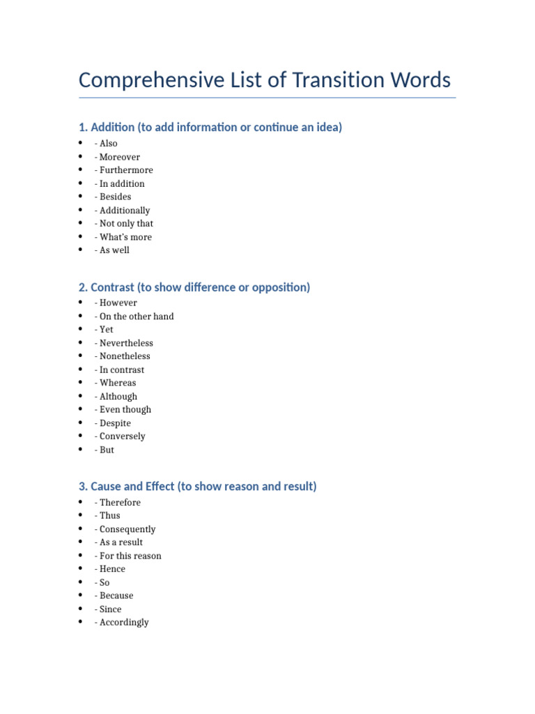 Transition Words List | PDF