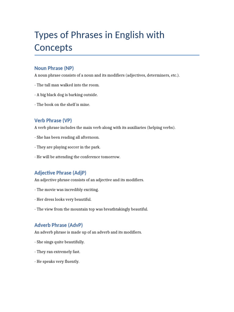 Types of Phrases With Concepts Examples | PDF