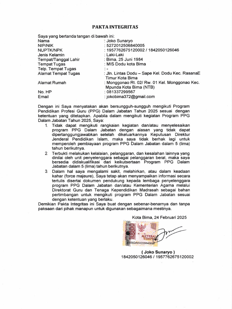 Pakta Integritas PPG | PDF