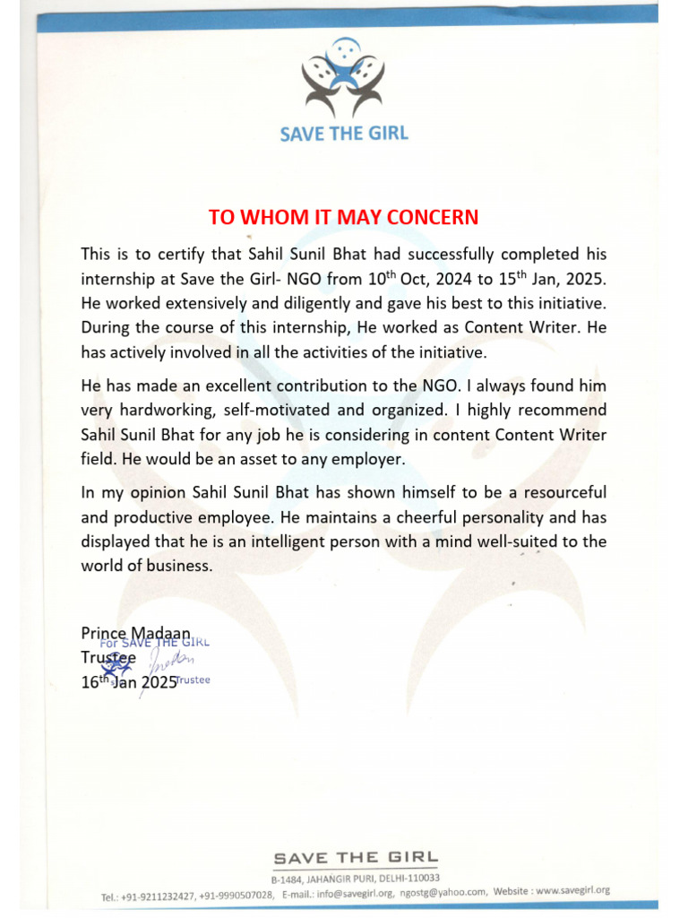 To Whom It May Concern Sahil Sunil Bhat | PDF